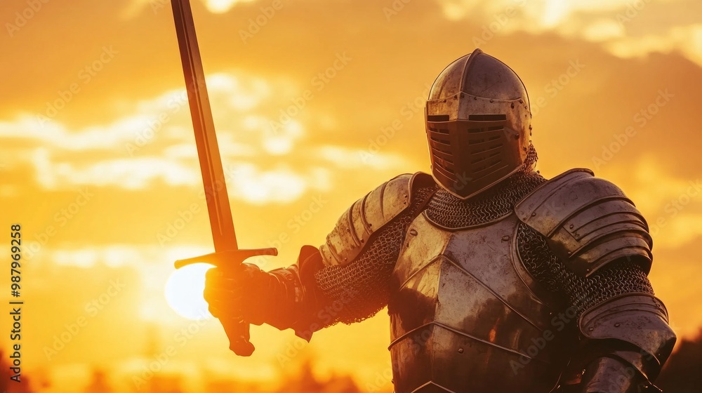 Armored Knight in Sunset, a valiant figure stands poised with a raised ...
