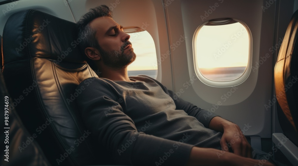 A calm man, comfortably seated, takes a nap near the windows on a plane ...