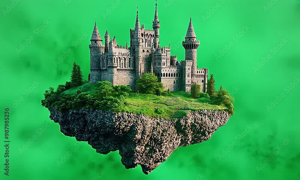 Floating Medieval Castle on a Flying Island green screen background ...