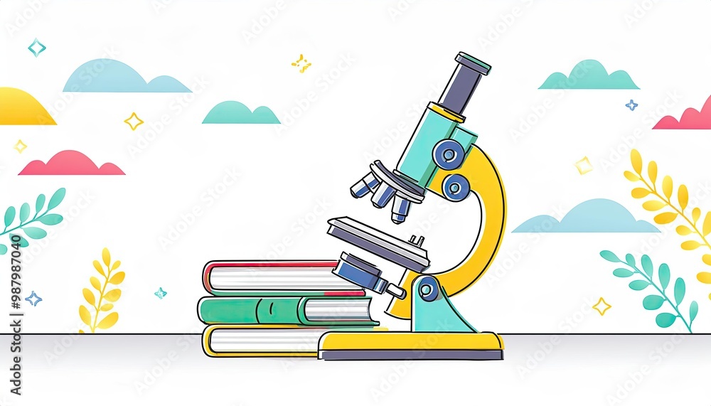 Single continuous line drawing of microscope and a stack of books to ...