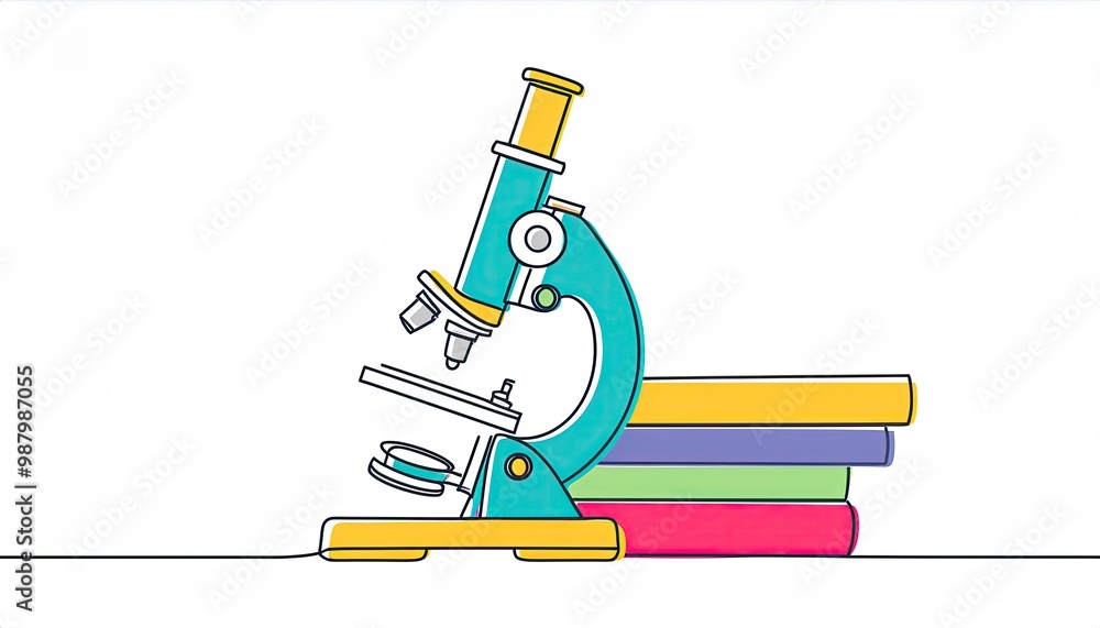Single continuous line drawing of microscope and a stack of books to ...
