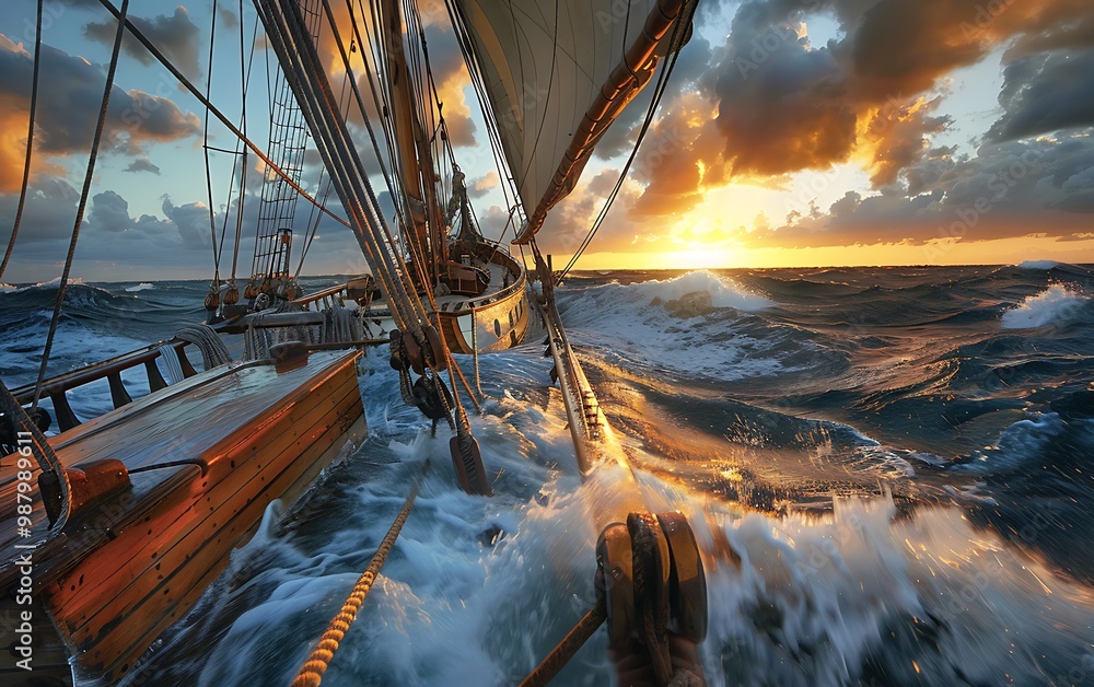 Realistic bottom view of an old wooden sailing ship in rough seas, with ...
