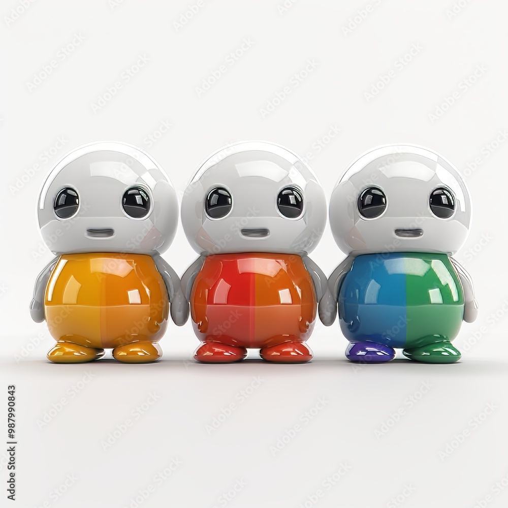 Three colorful 3D cartoon characters on white background. Same shape ...