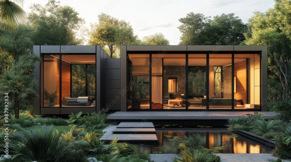 Modern cube house with sleek metallic cladding and geometric windows ...