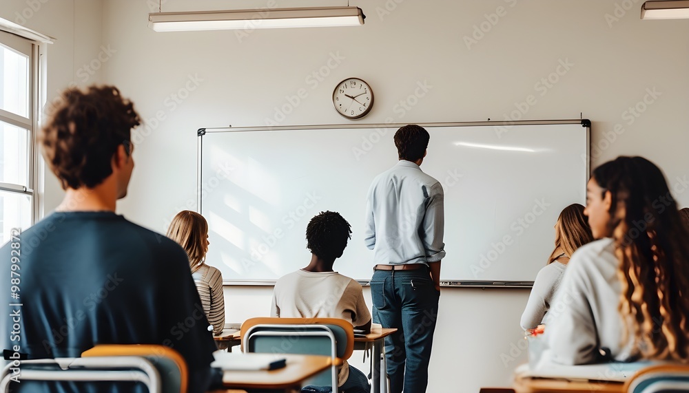 Serene high school classroom scene with a male teacher engaging ...