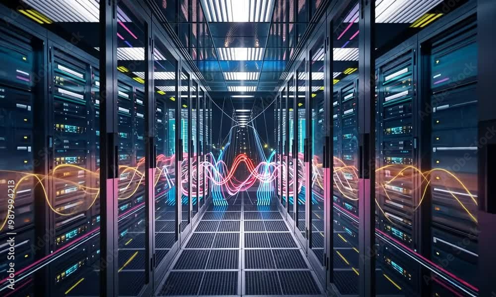 The rows of servers glow with diffused blue lighting as data moves ...