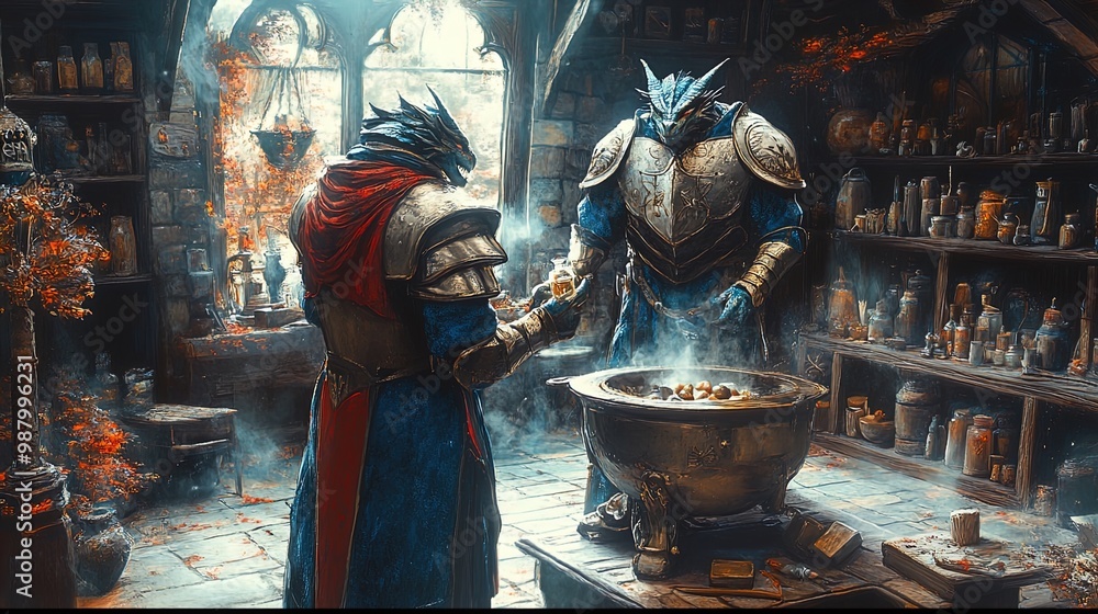 Two dragon humanoids dressed in heavy armor stand in a medieval ...