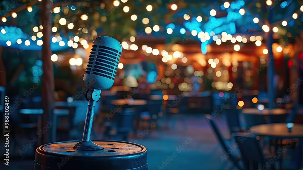 A vintage microphone stands on a barrel in a softly lit outdoor venue ...