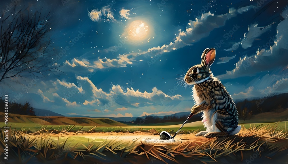 Moonlit golf course with spiky rabbit holding a club, ready to take a ...
