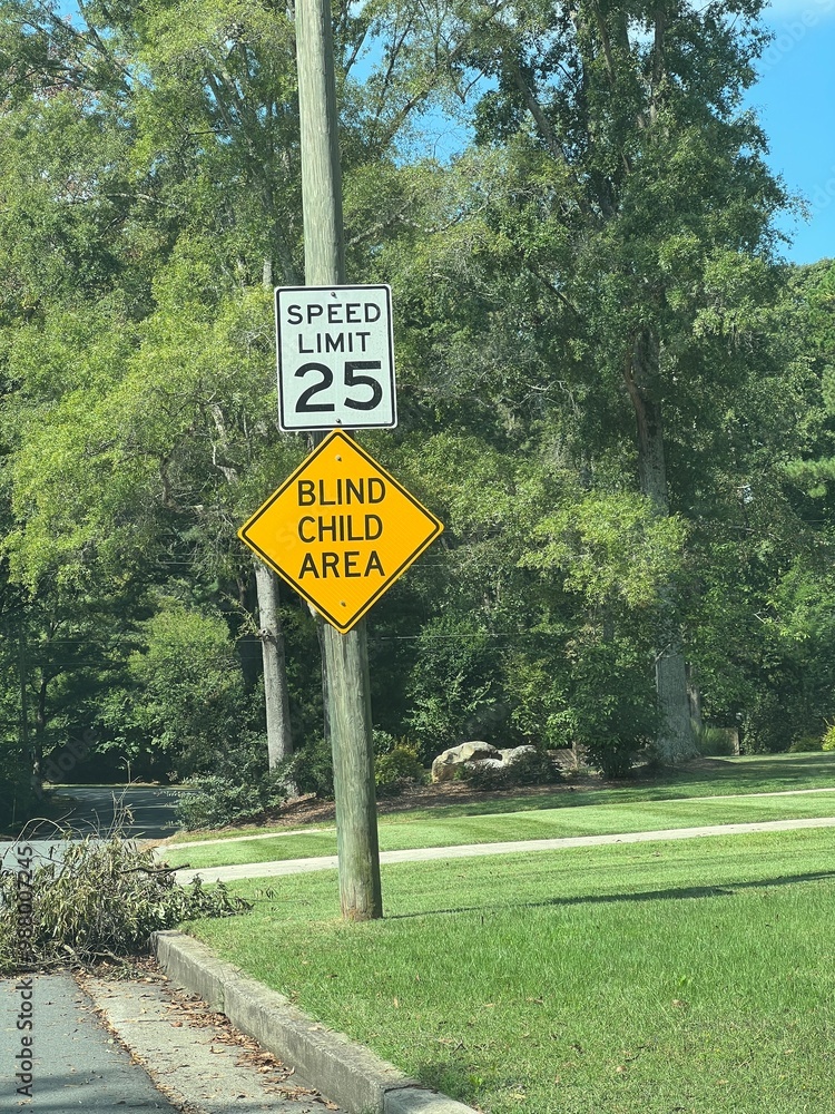 Blind Child Area caution sign below a 25 mph speed limit sign Stock ...