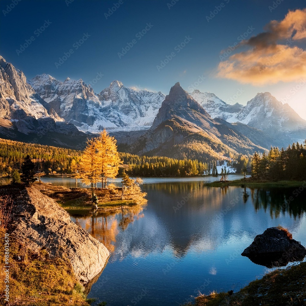 lago y montaña con nieve Stock Photo | Adobe Stock