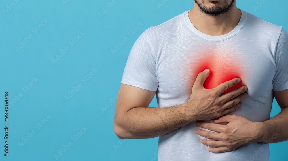 Man experiences chest pain, clutching shirt, highlighting heart problem ...