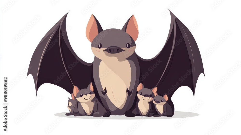 Simple 2D flat design of a bat looking after its pups on a transparent ...