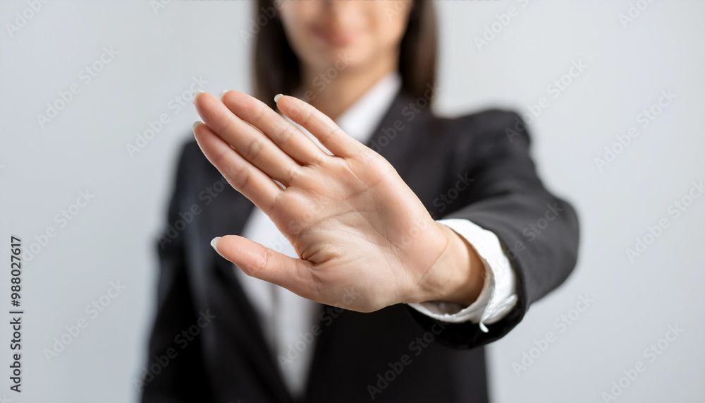 Stop, hand sign and woman in business suit with no gesture for sexual ...