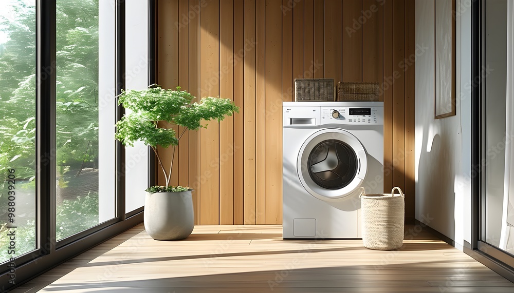Harmonious blend of modern living with nature featuring a washing ...