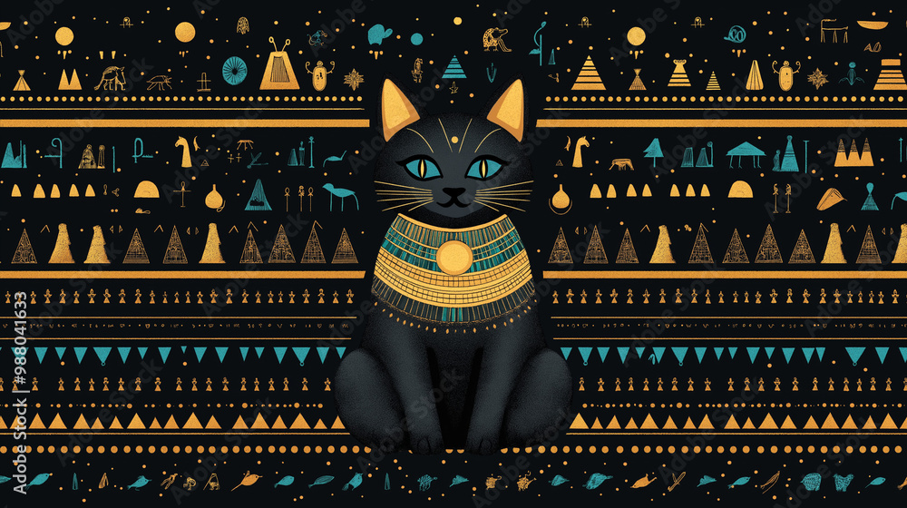 An Egyptian Bastet Cat against a background filled with Egyptian ...