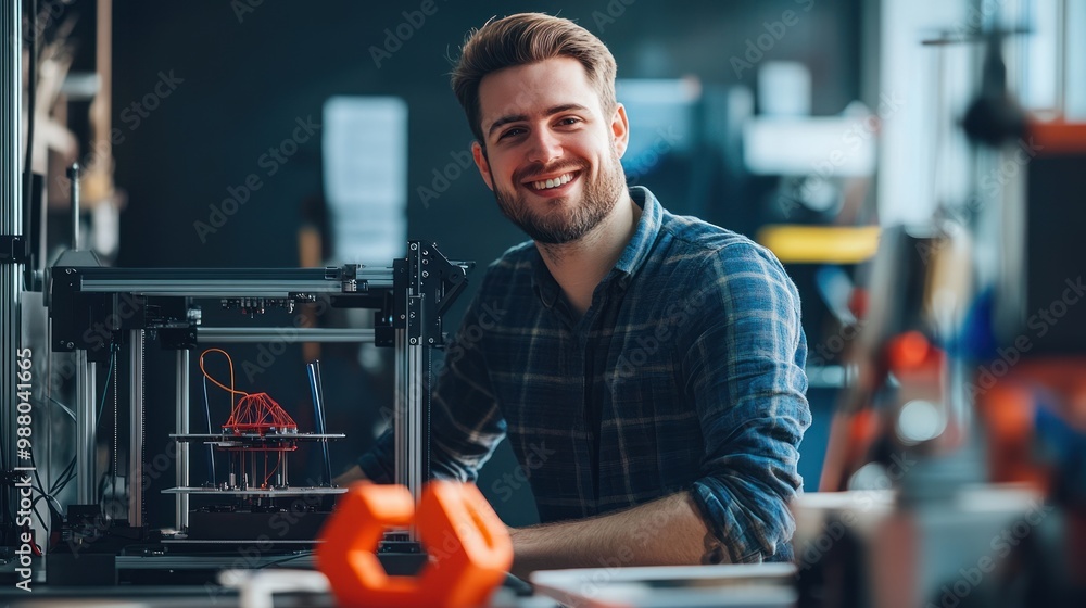 Happy engineer man with 3D model, proudly displaying a detailed 3D ...