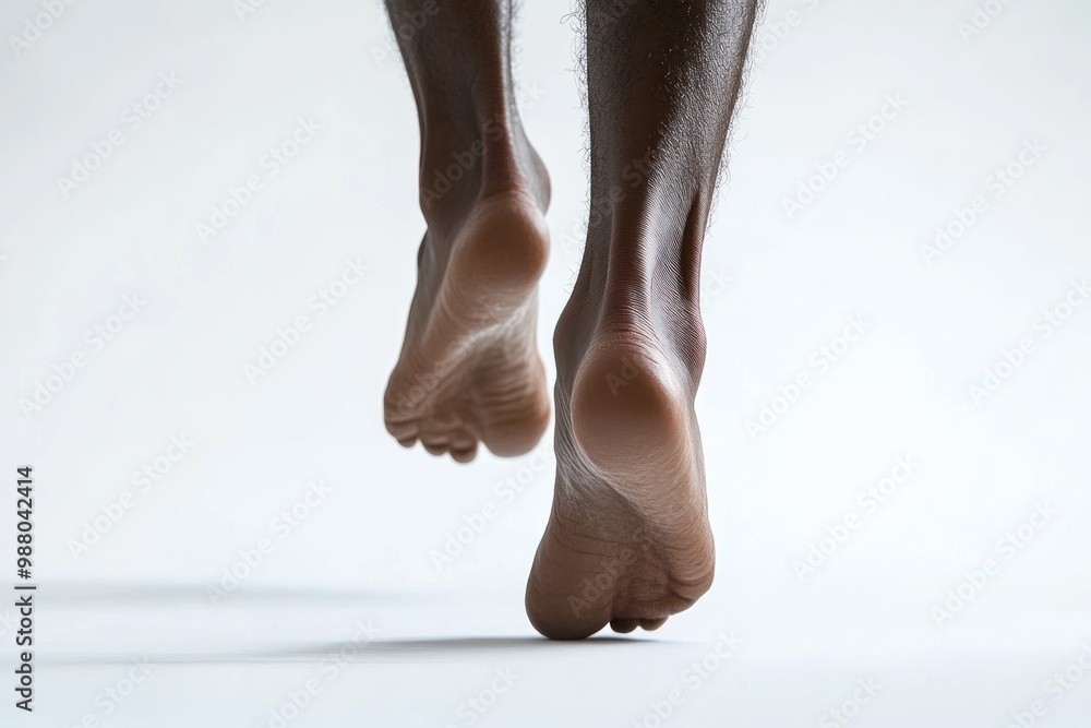 Men's feet in action pose with dynamic movement on solid white ...