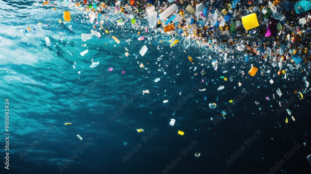 Microplastics in the ocean, depicting tiny plastic particles suspended ...