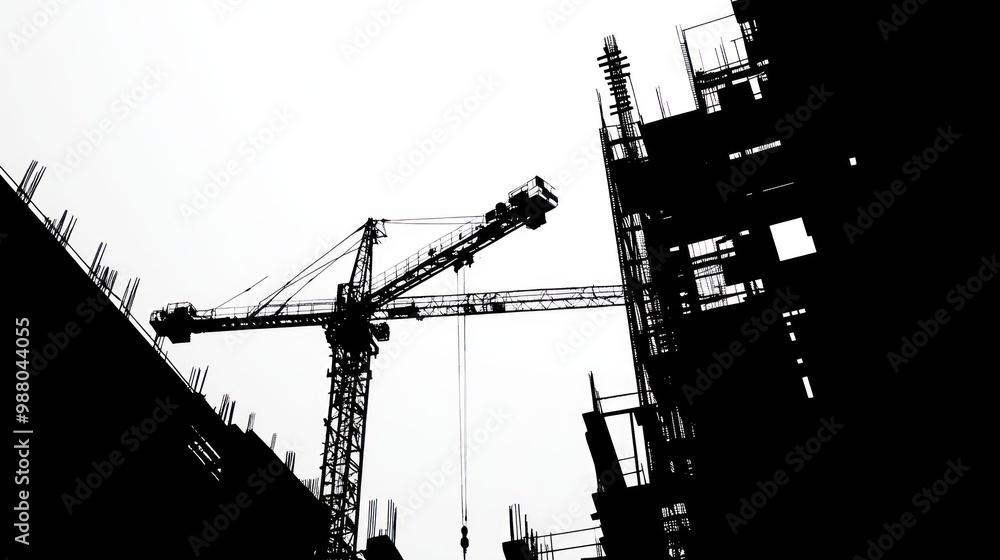 Silhouette of construction crane and building, capturing the juxtaposition of towering cranes ...