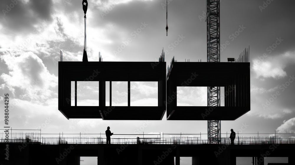 Silhouette of modular construction assembly, featuring prefabricated ...