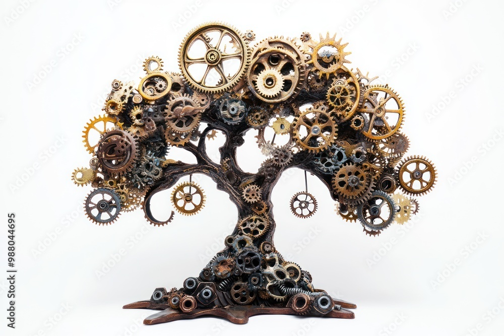 Steampunk tree art with gears and mechanical parts on solid white ...