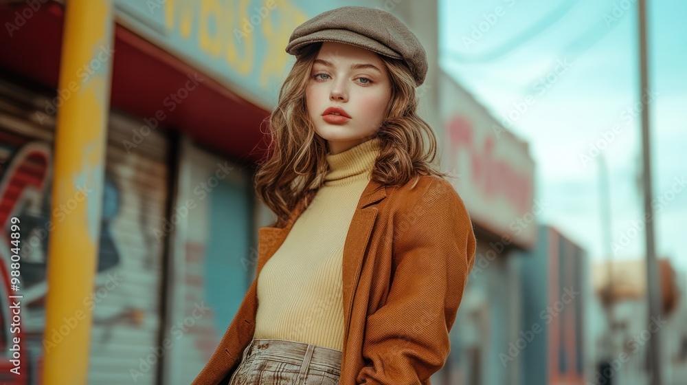 Teenage woman in retro fashion, styled in clothing from a past decade ...