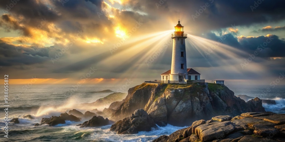 Majestic lighthouse standing tall on rocky shore with beams of light ...