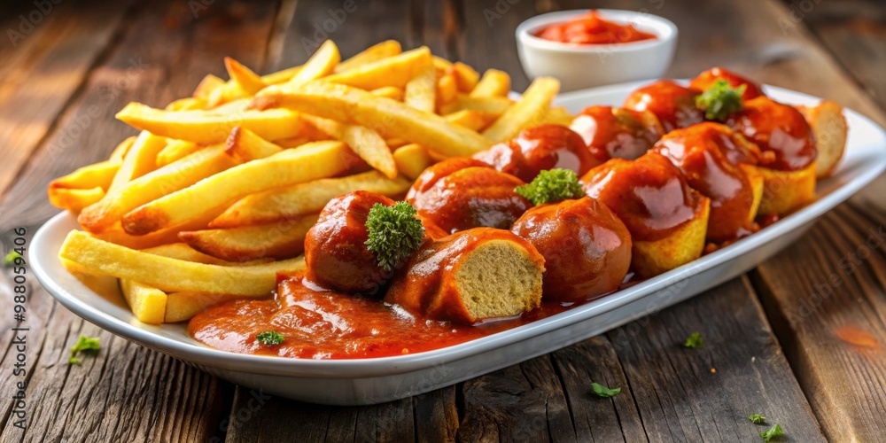 Traditional German street food dish of currywurst with curry ketchup ...