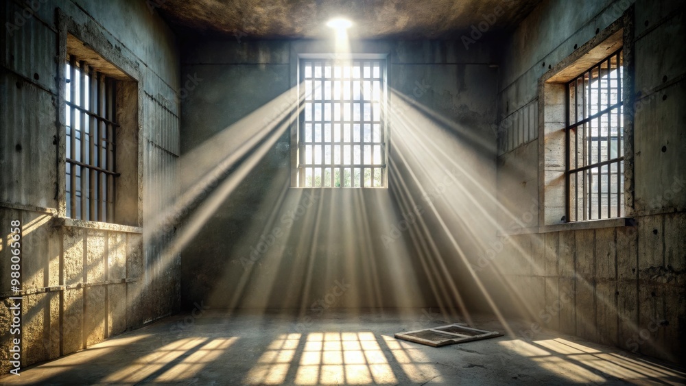 Abandoned prison cell with sunlight streaming through window onto tally marks , prison, cell ...