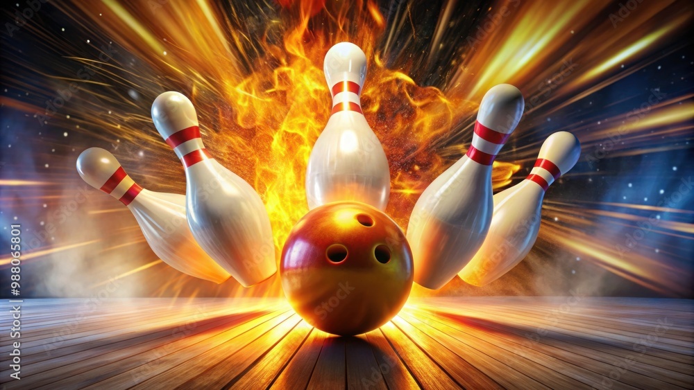 Bowling strike with fiery explosion , Bowling, strike, fire, explosion ...