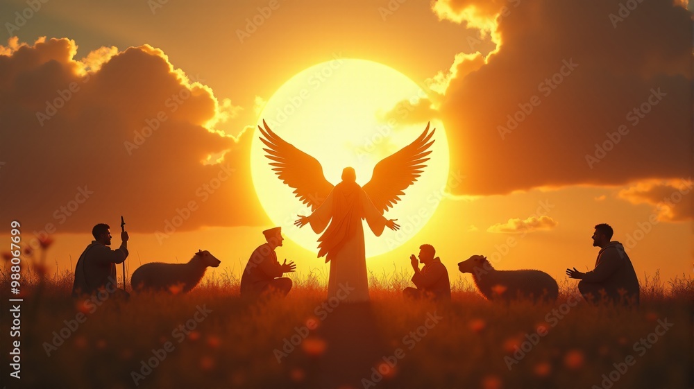 The Angel Appearing to the Shepherds, A radiant angel appears in a ...