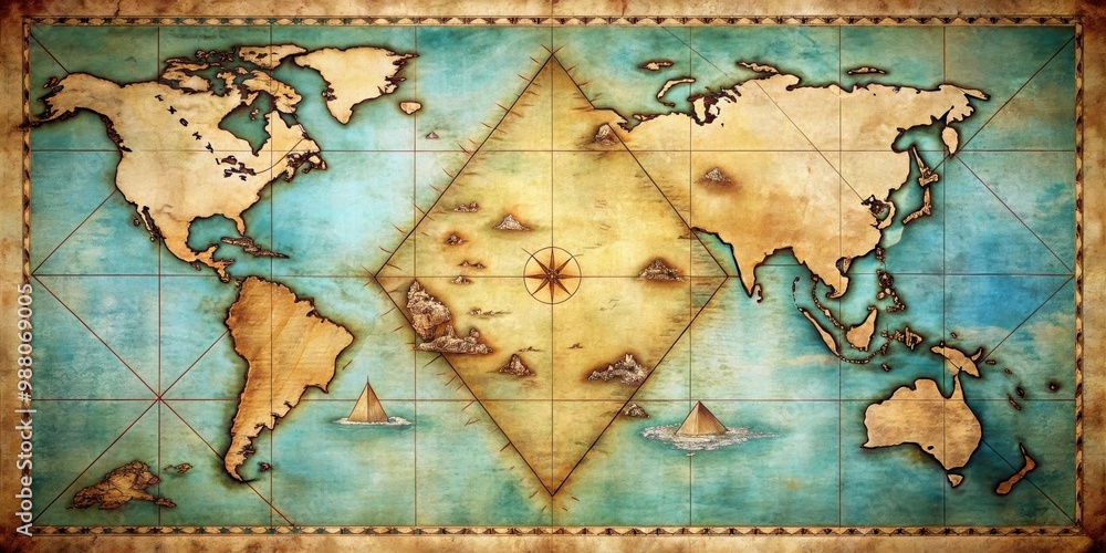 Mysterious vintage Bermuda Triangle concept map evoking exploration ...