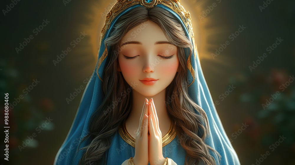 3d cartoon illustration of calm, peaceful, smiling Virgin Mary with ...
