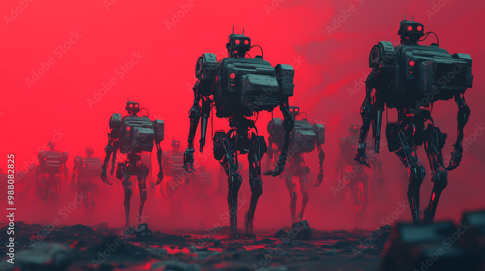 An army of evil robots in a post apocalyptic world. composite with different elements made with ...