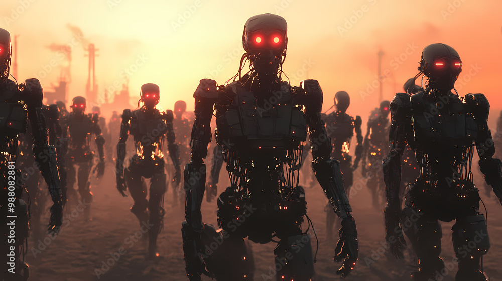 An army of evil robots in a post apocalyptic world. composite with different elements made with ...