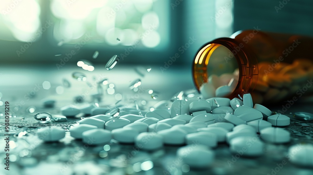 A chaotic scene of broken glass and scattered white medical tablets on ...