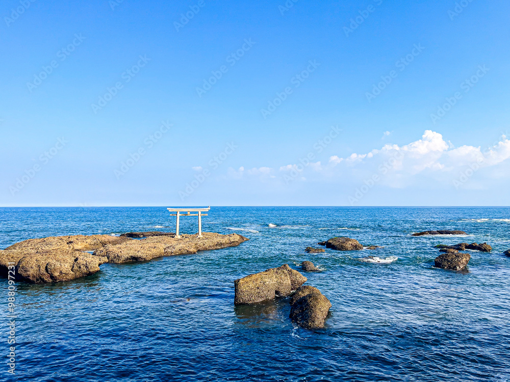 A stunning view of the Oarai Isosaki Shrine torii gate, a famous ...