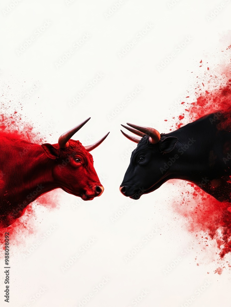 Two bulls, one red and one black, face each other in a dramatic ...