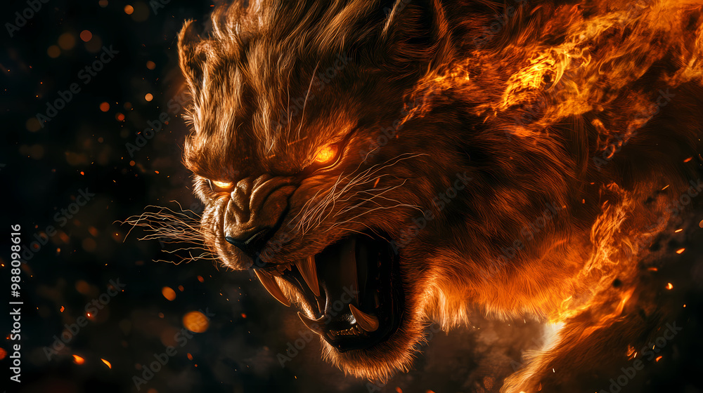 Fictitious recreation of a furious feline manticore creature with fire ...