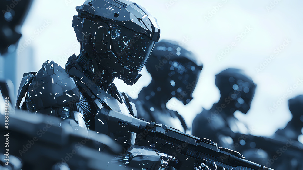 Futuristic of future soldier army in armor suit at modern world ...