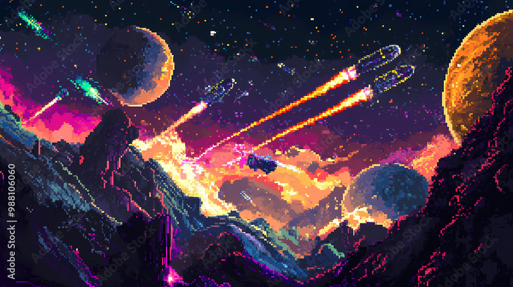 Intense pixel art scene of a space battle featuring colorful planets ...