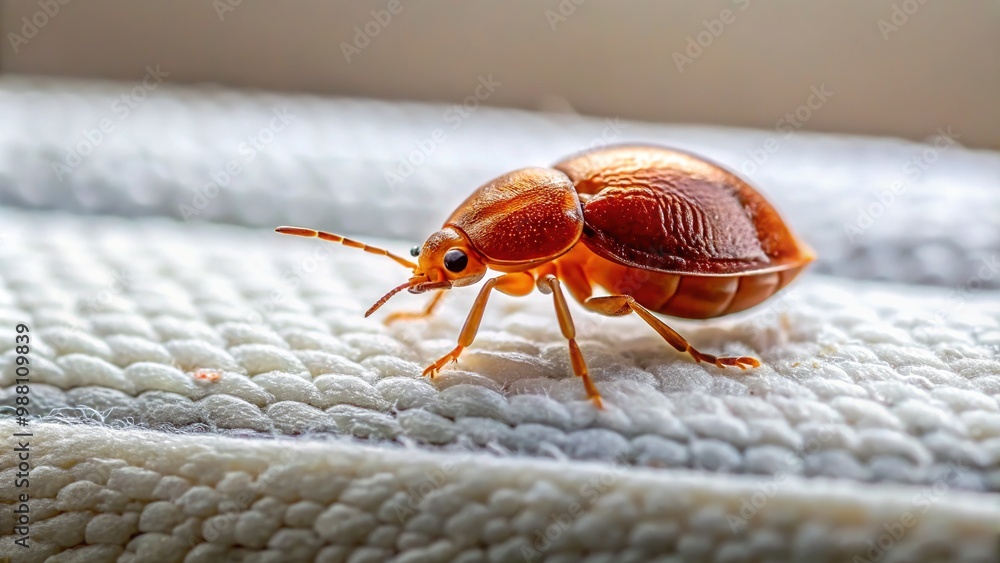 A small, oval insect with a reddish-brown body and six legs hurriedly ...