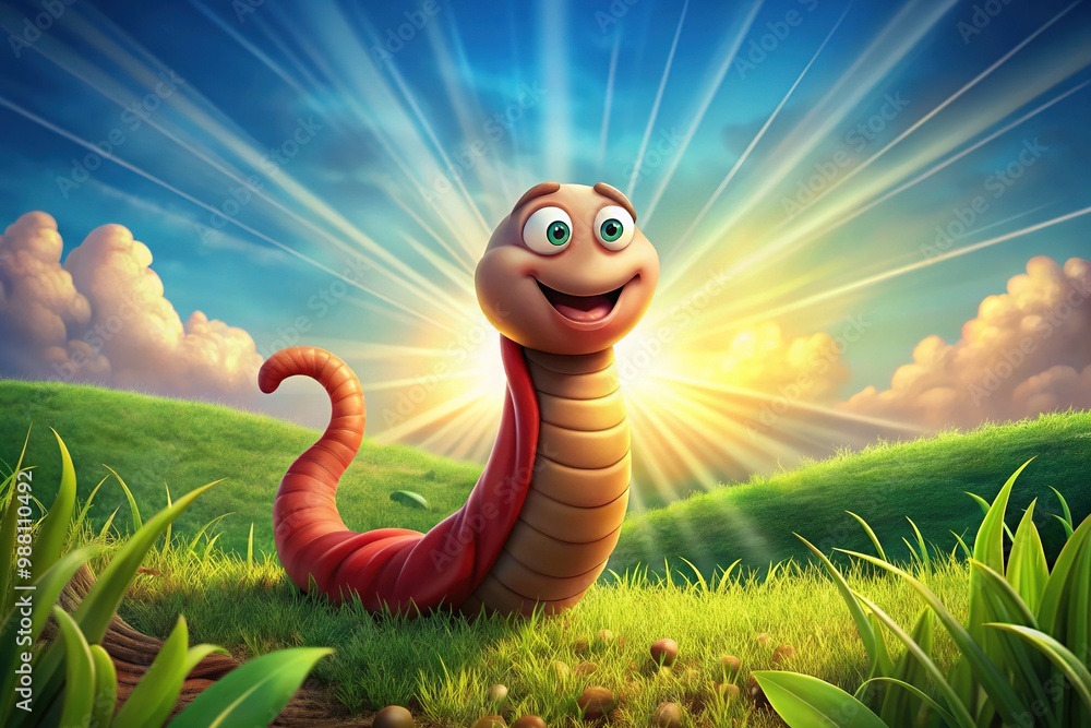 A vibrant, cartoon-style illustration of a giant, smiling earthworm ...