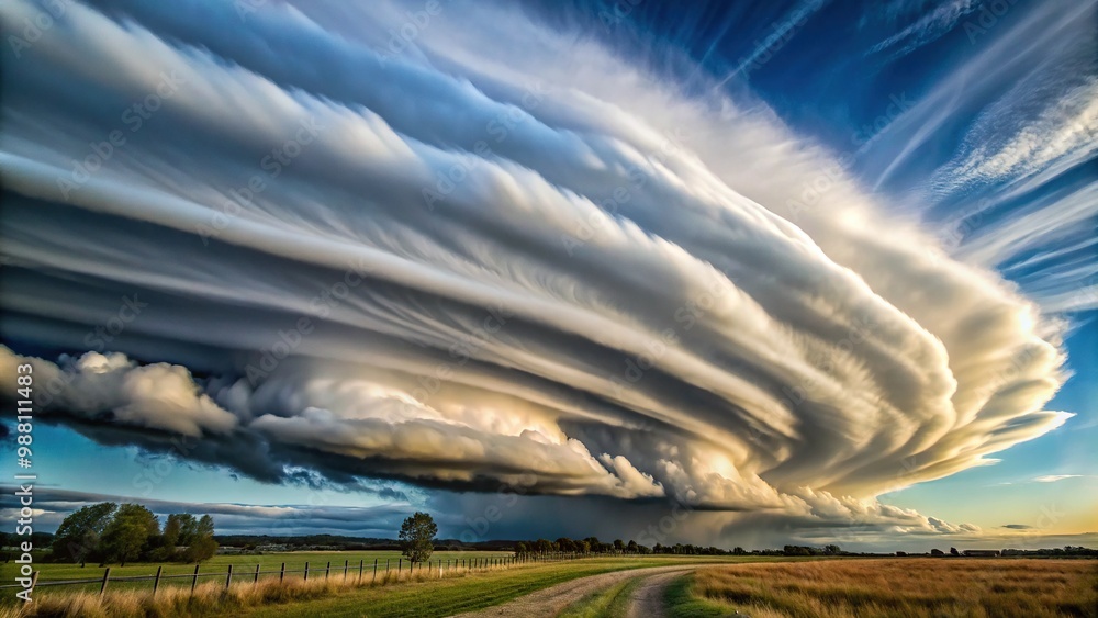 Across the sky, a wispy shelf stretches, its undulating peaks and ...