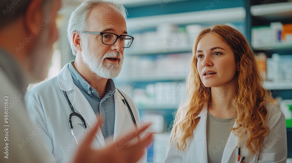 A pharmacist explaining the use of a new prescription to a patient ...