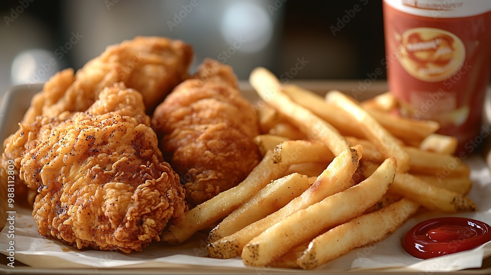 A combo meal of crispy fried chicken, golden French fries, and a ...