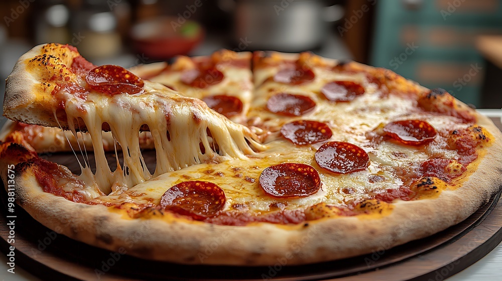 A dramatic cheese pull shot from a pizza slice, mozzarella stretching ...