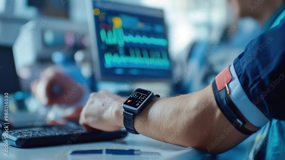 A patient using a wearable ECG monitor, transmitting data to their ...