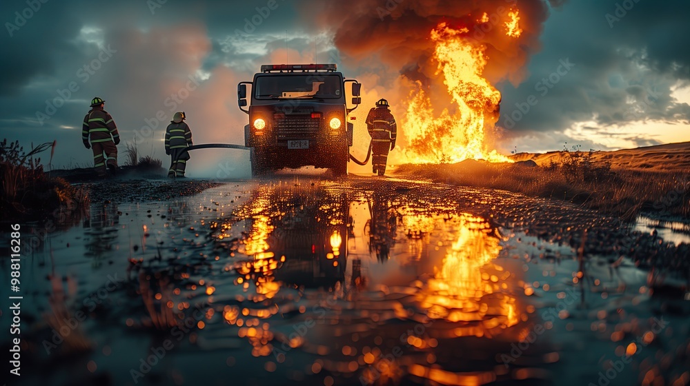 Firefighters battle a fire as a car overturns, smoke billows as water ...